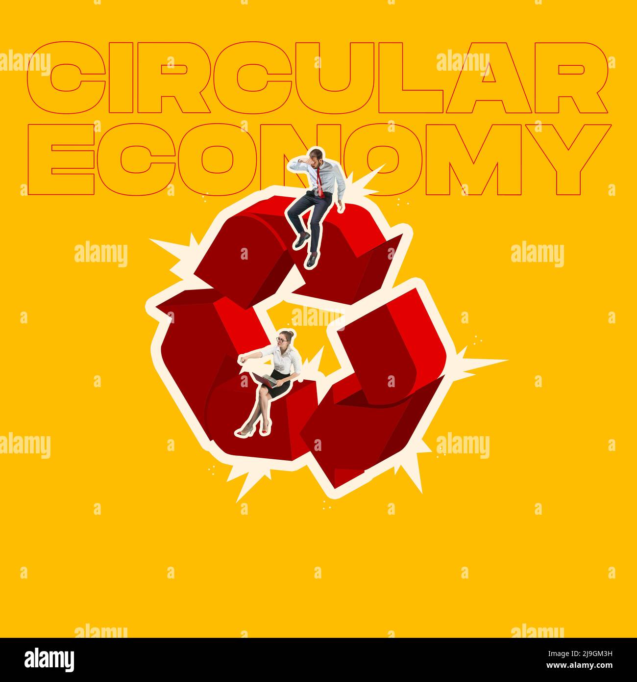 Contemporary art collage. Man and woman sitting on recycle symbol and ...