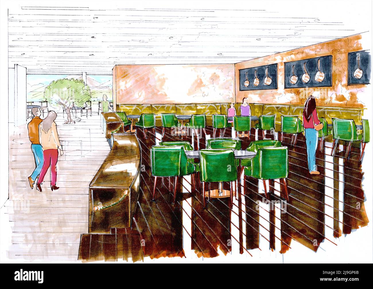 Colour illustration of a contemporary restaurant interior Stock Photo ...