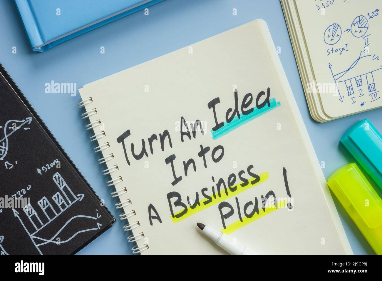 Memo turn an idea into a business plan in a notebook Stock Photo - Alamy