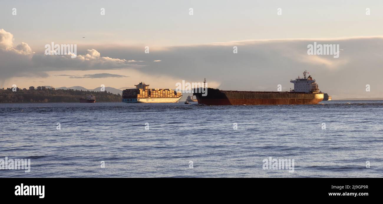 Big Container Ship parked in Burrard Inlet on the West Coast of Pacific ...