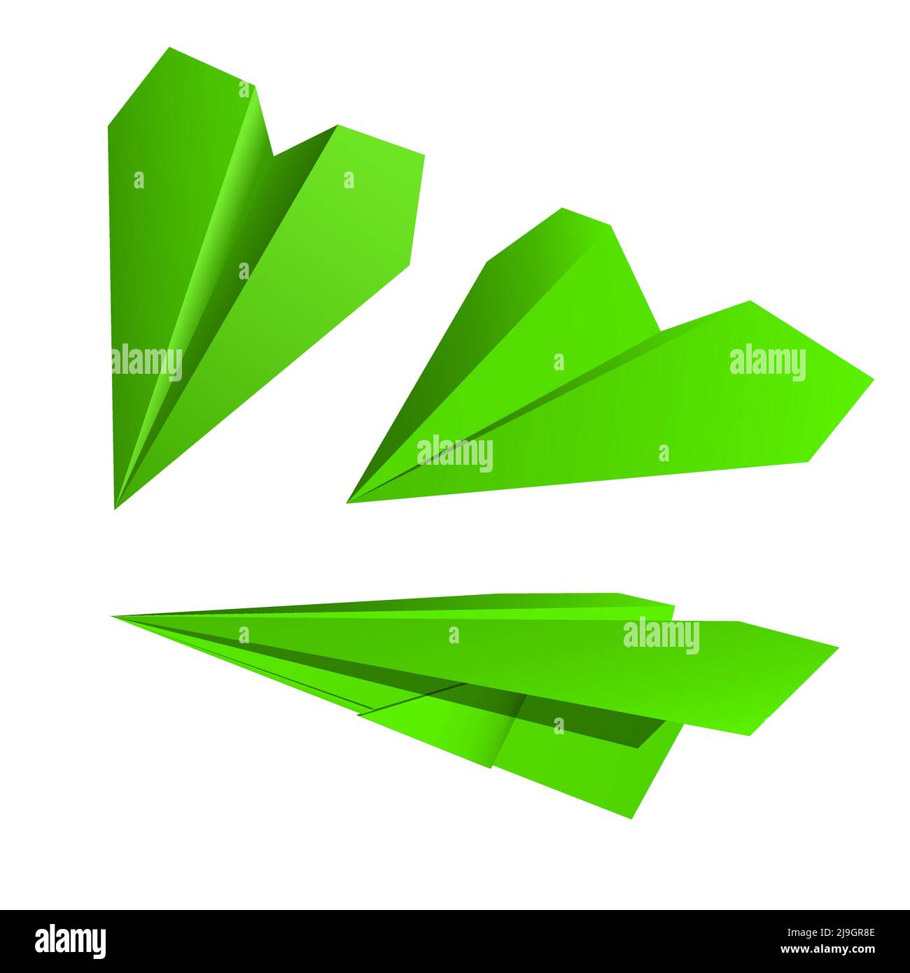 Paper airplane. Different views of green aircraft. Isolated realistic ...
