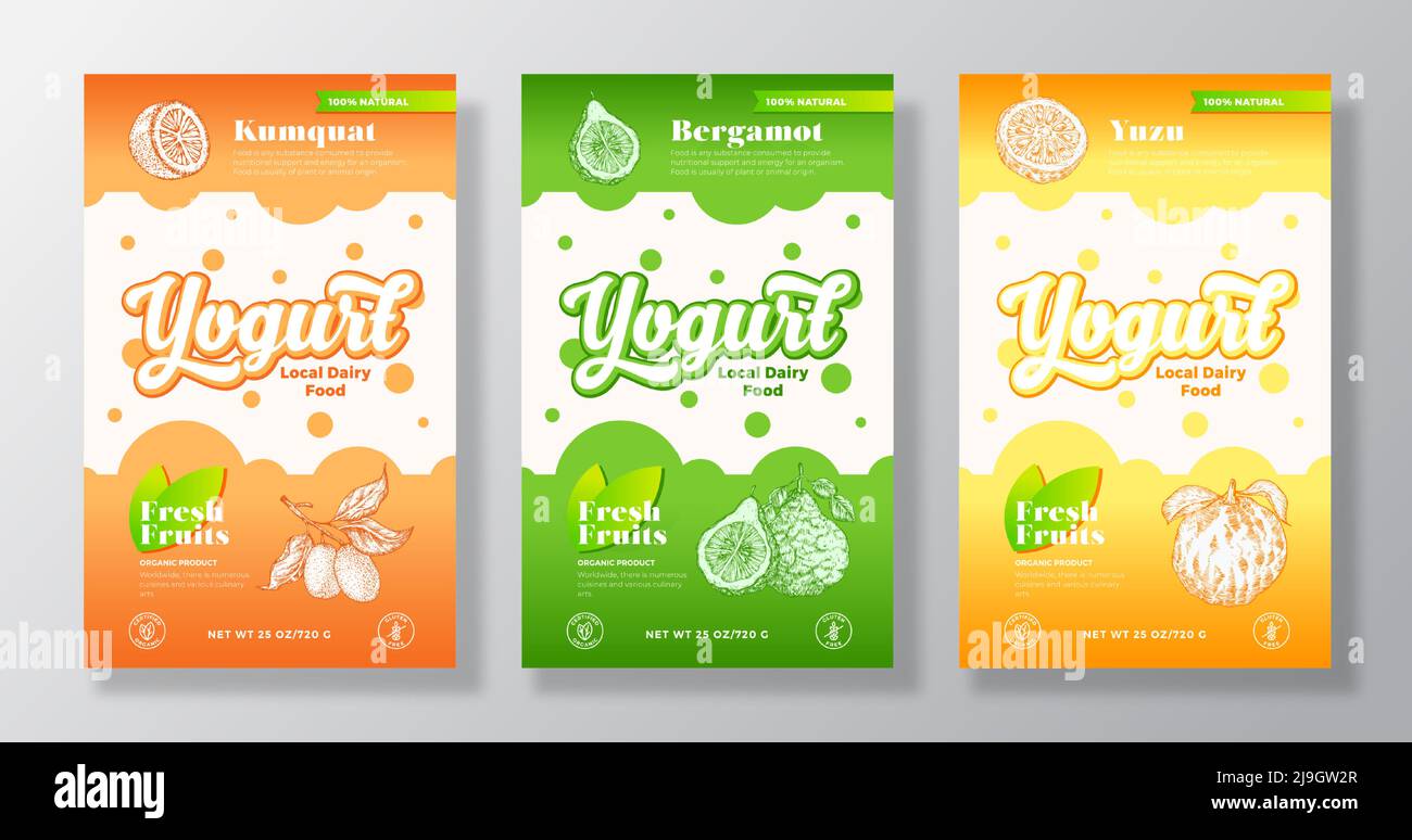 Fruits and Berries Yogurt Label Templates Set. Abstract Vector Dairy ...
