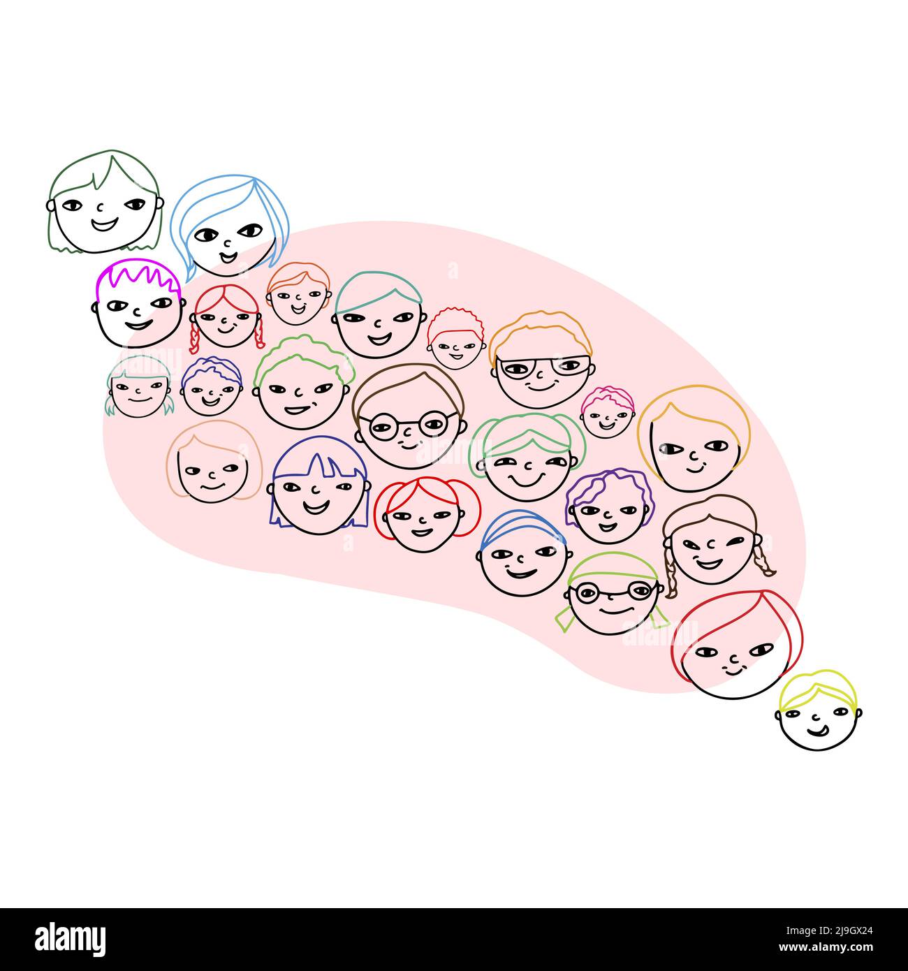 Set of contour faces of children with colorful hair, funny faces of ...