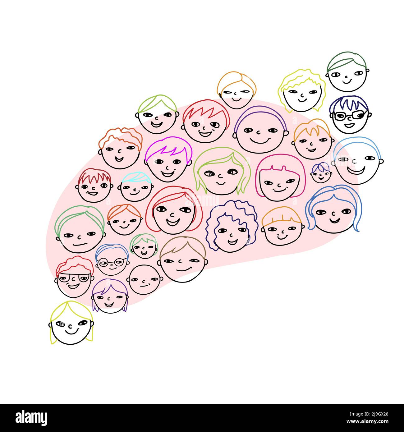 Set of contour faces of children with colorful hair, funny faces of ...