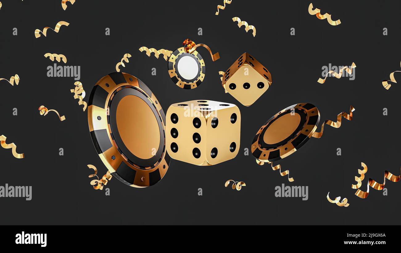 Falling golden poker chips, tokens, dices, playing cards on black with ...