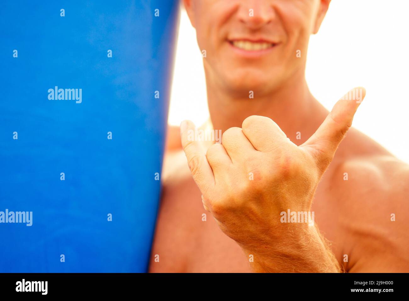 shaka hand gesture surfers symbol.shirtless surfer man surfboard beach ...