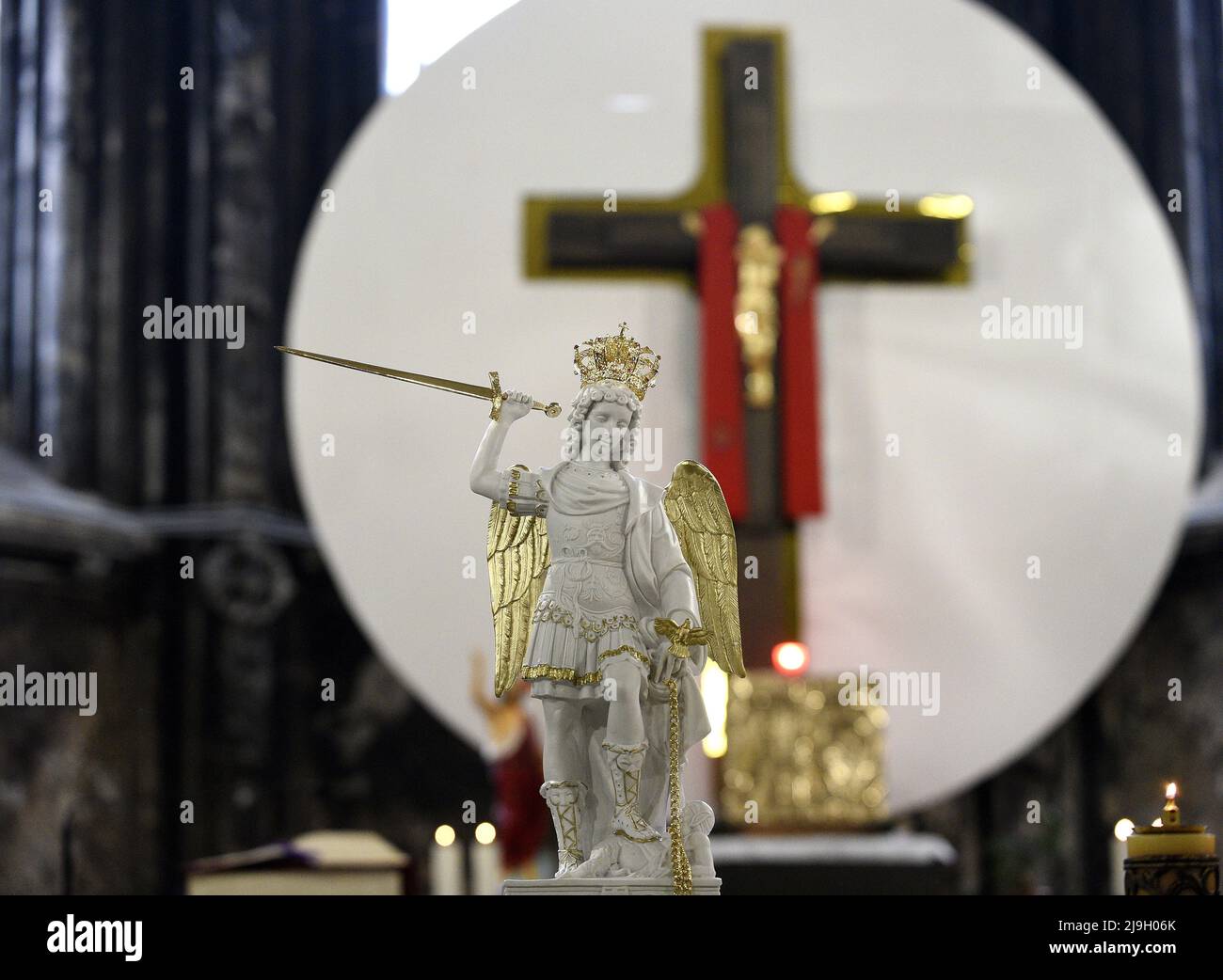 KYIV, UKRAINE - MAY 20, 2022 - The statue of Saint Michael the ...