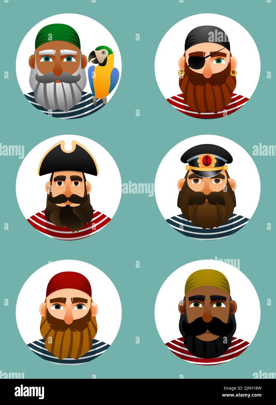 Pirates avatars collection. Set of portraits of sailors in a round ...