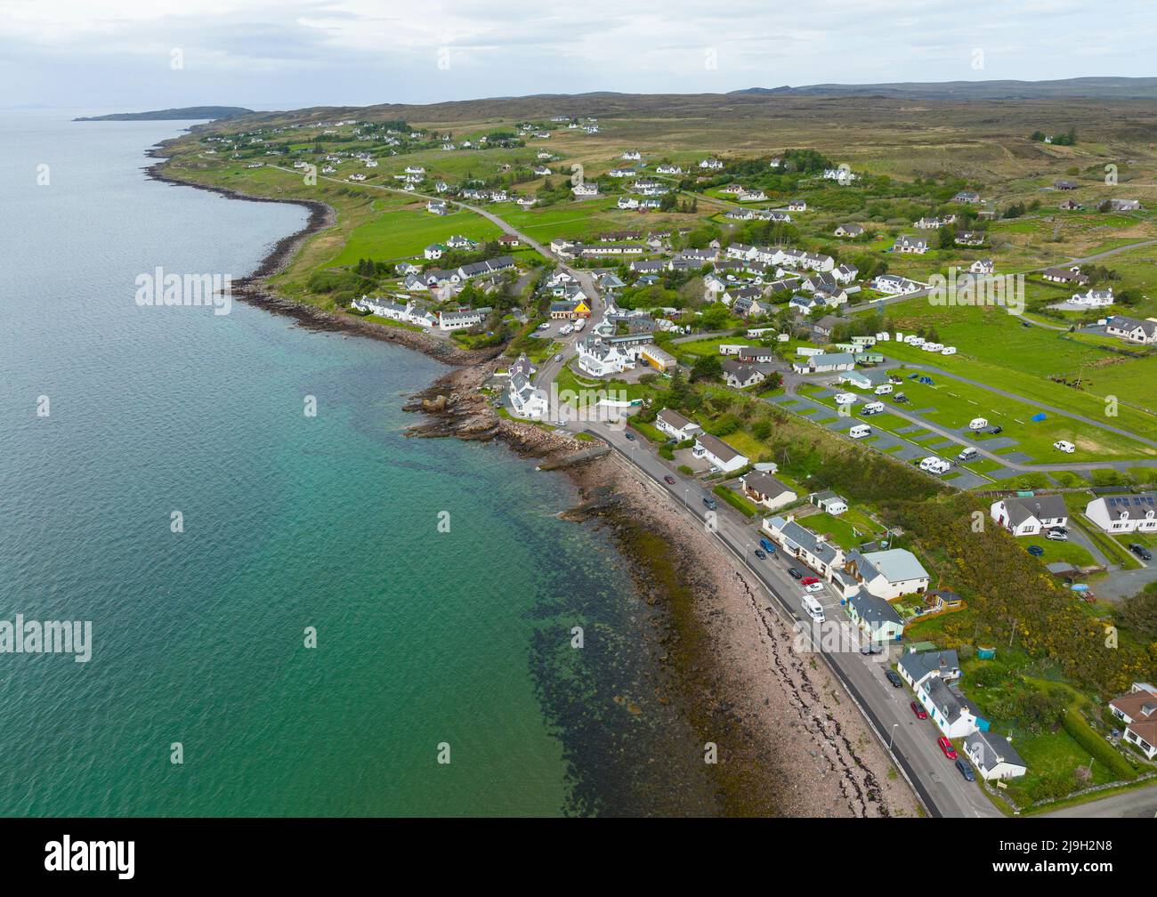Aerial view of village of Gairloch on North Coast 500 route in Wester ...