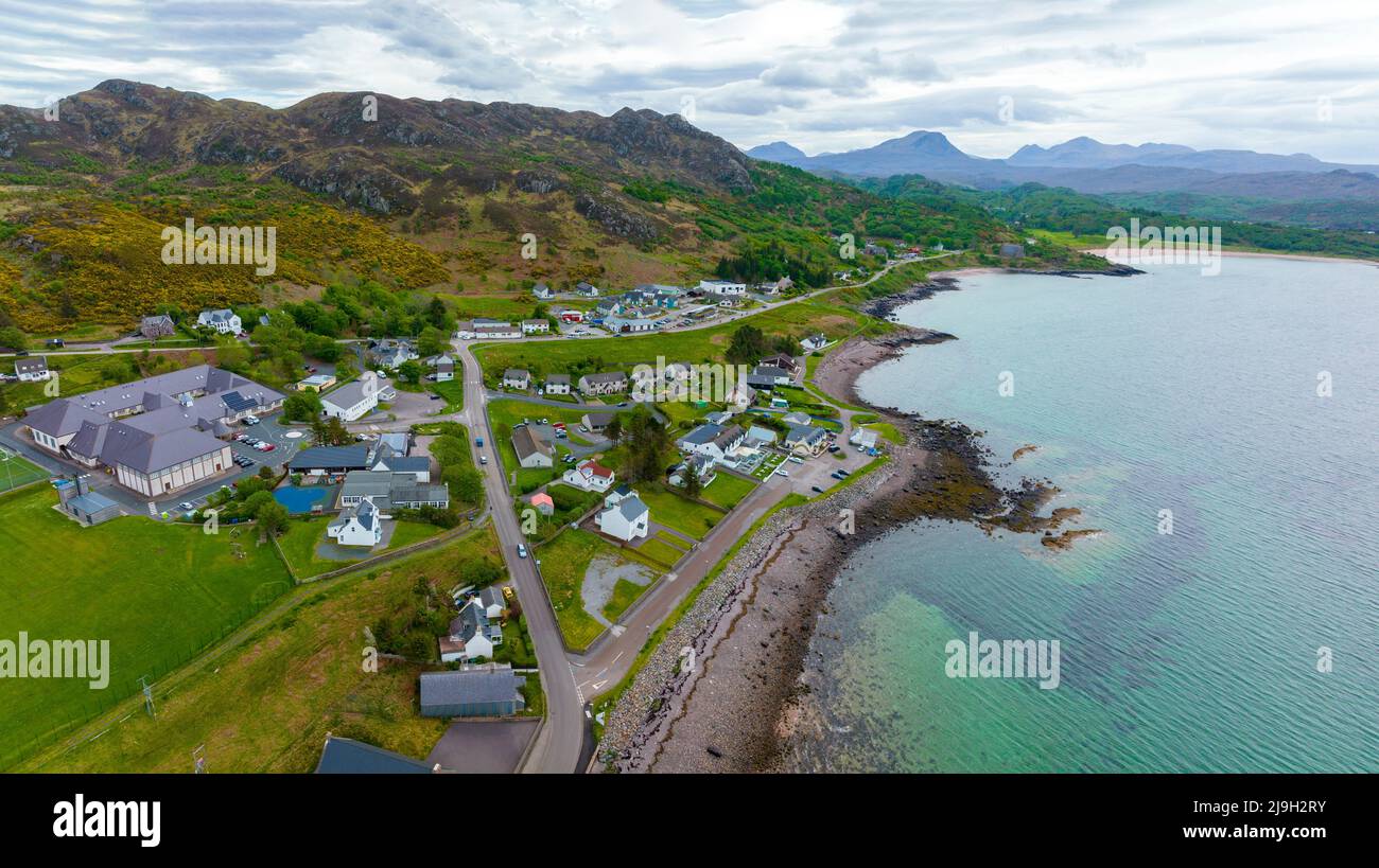 Aerial view of village of Gairloch on North Coast 500 route in Wester ...