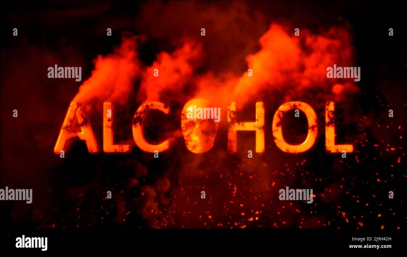 Text alcohol with scary human skull on burning background - abstract 3D ...