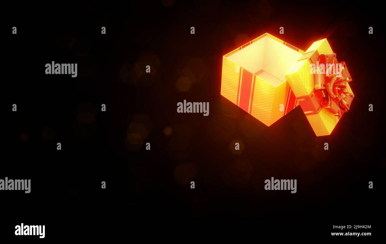 shining opened goldish and red gift box on dark background - object 3D ...
