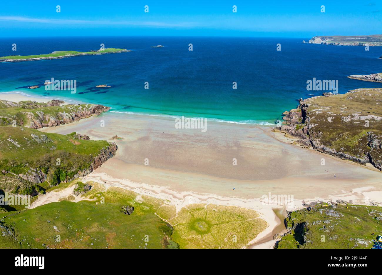 Aerial view from drone of Ceannabeinne Beach on North Coast 500 route ...
