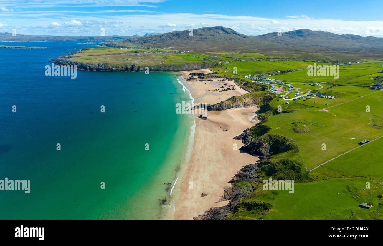 Aerial view from drone of beach at Sango Bay in Durness on North Coast ...