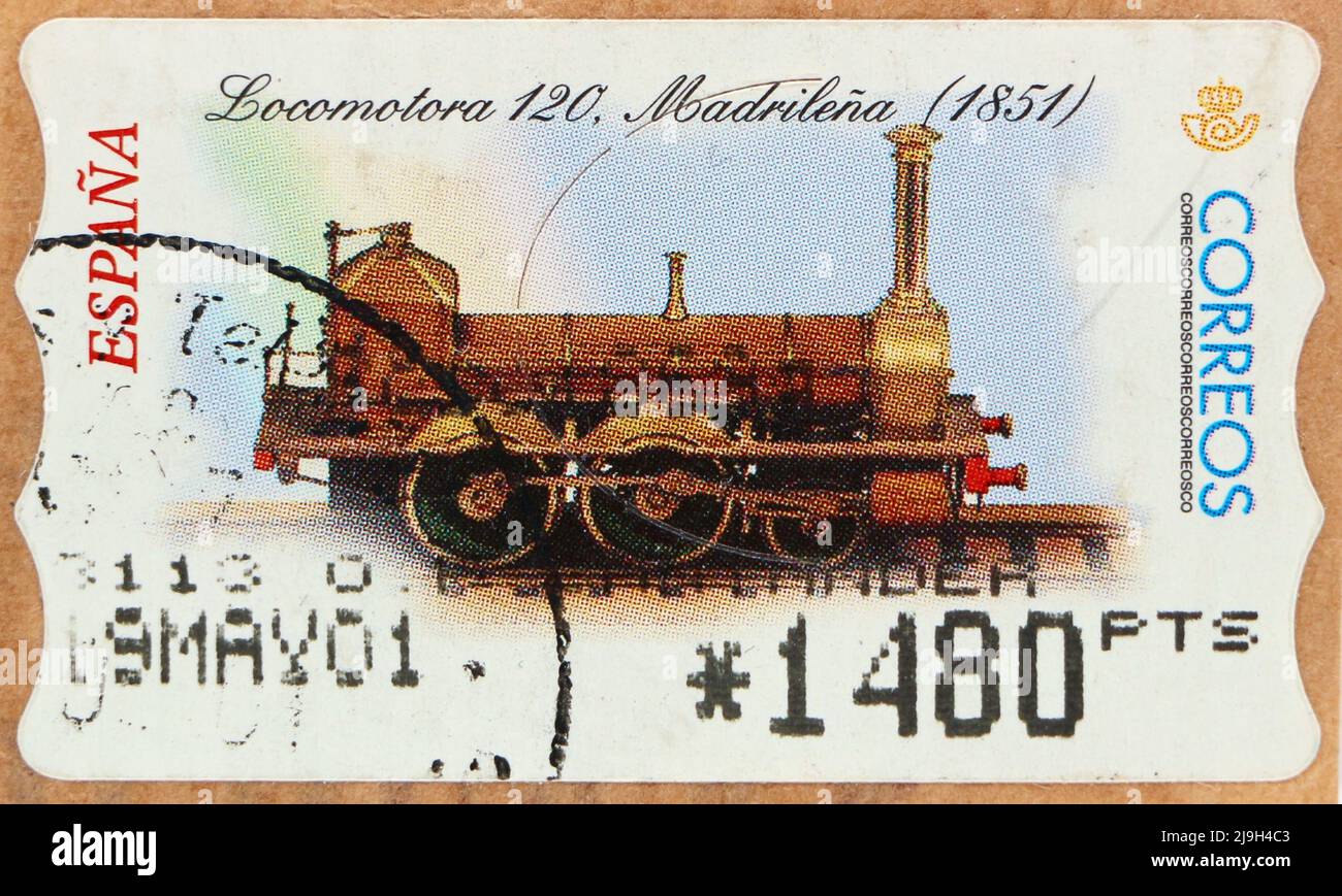 Photo of a Spanish postage stamp with an image of Locomotive 120 ...
