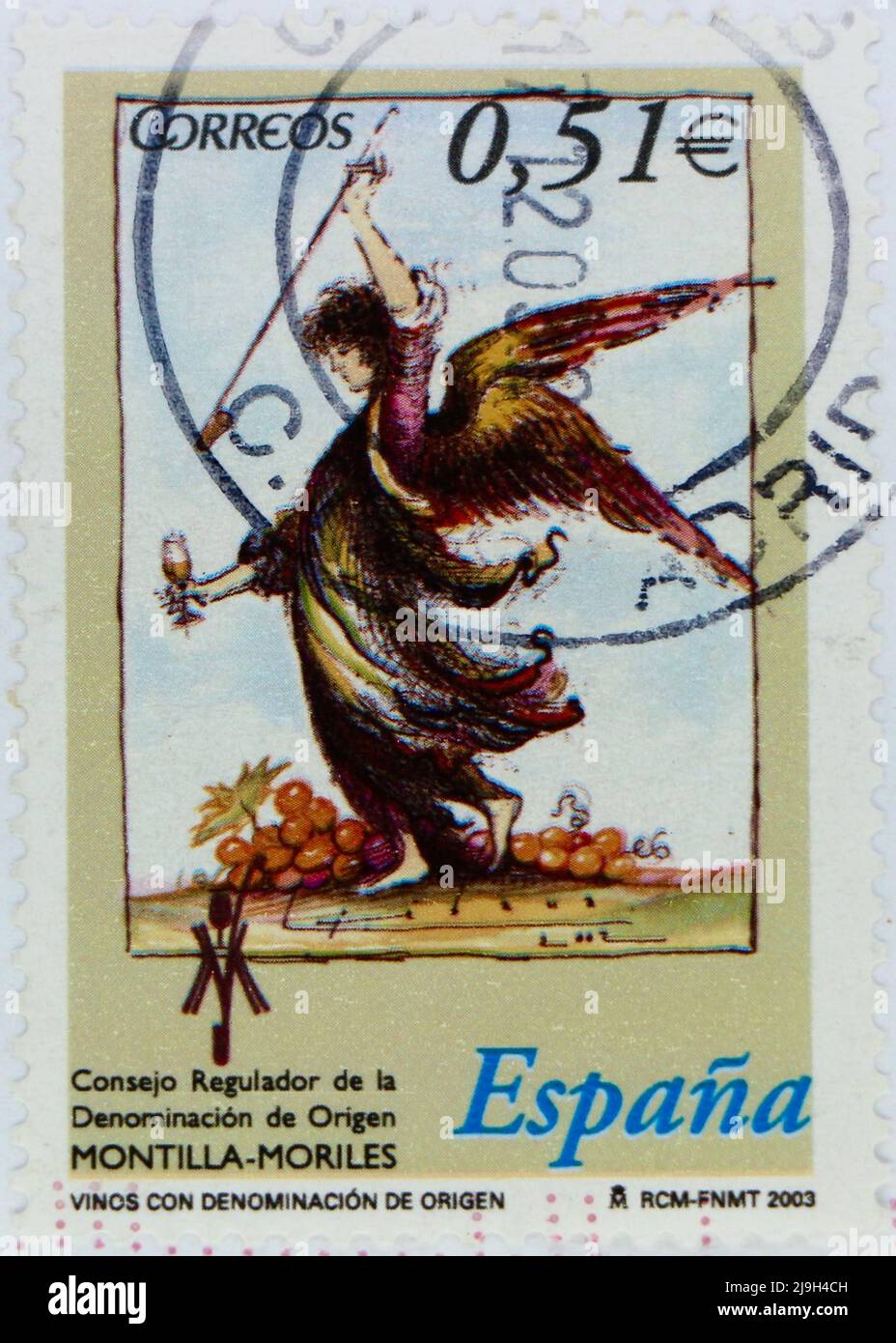 Photo of a Spanish postage stamp with an image of an angel pouring wine ...