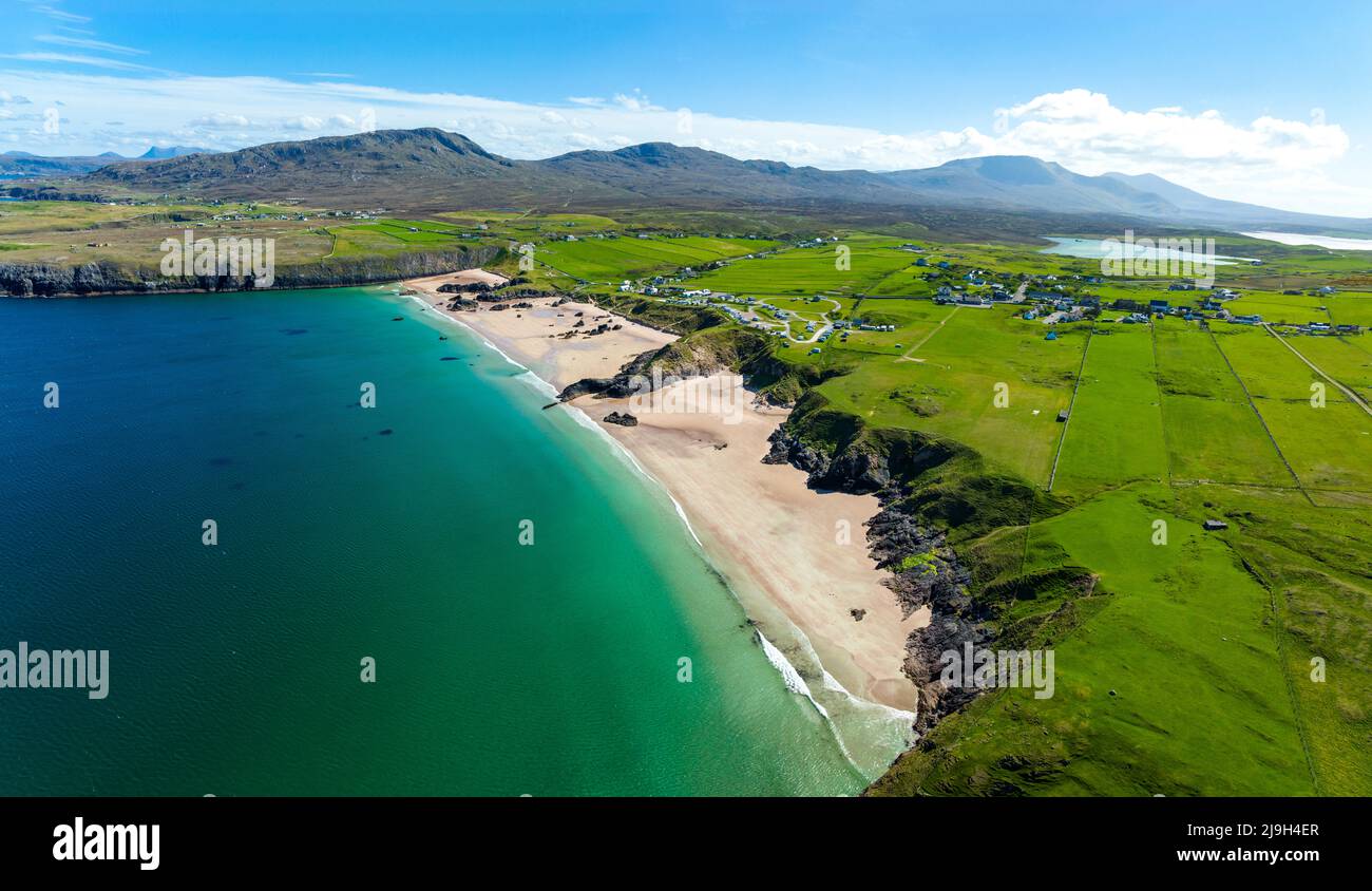 Aerial view from drone of beach at Sango Bay in Durness on North Coast ...