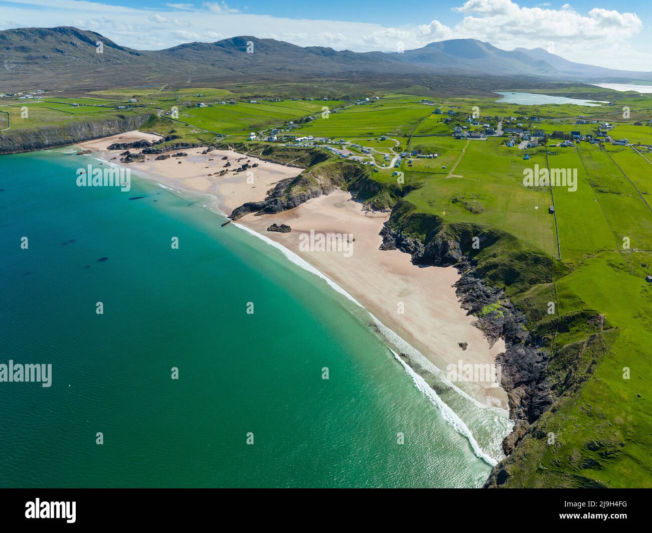 Aerial view from drone of beach at Sango Bay in Durness on North Coast ...