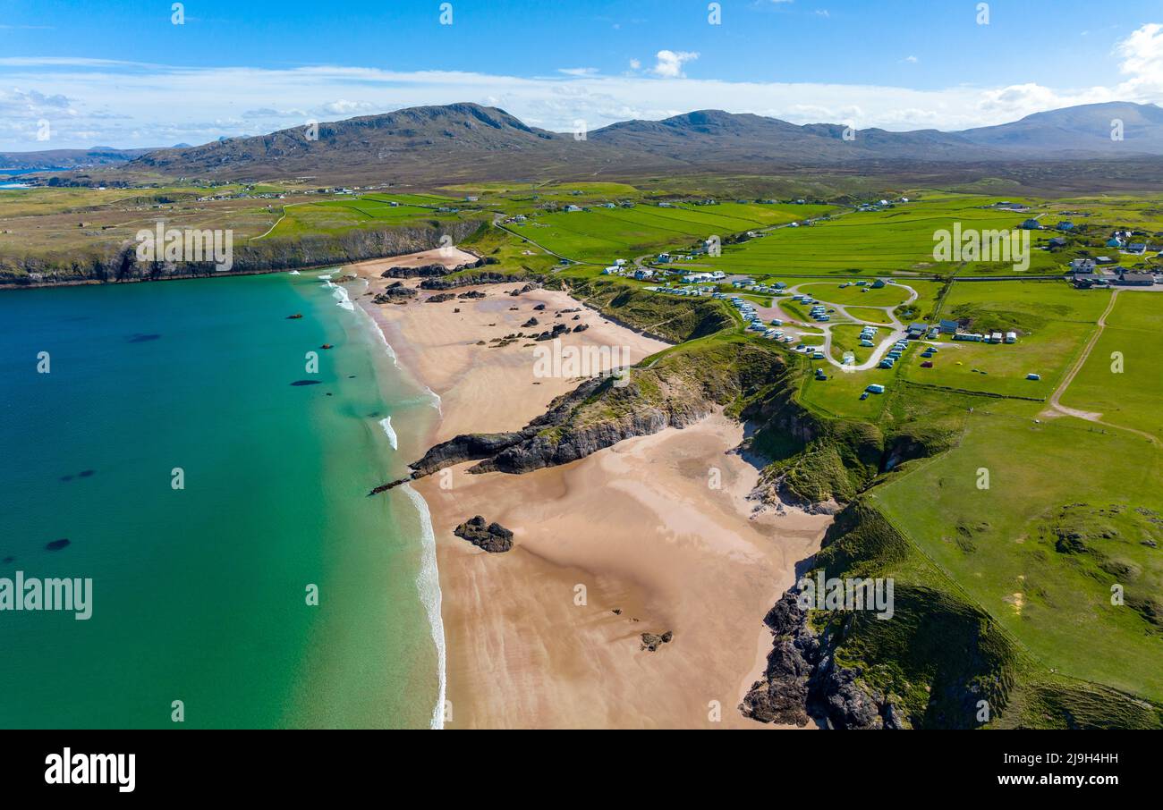 Aerial view from drone of beach at Sango Bay in Durness on North Coast ...