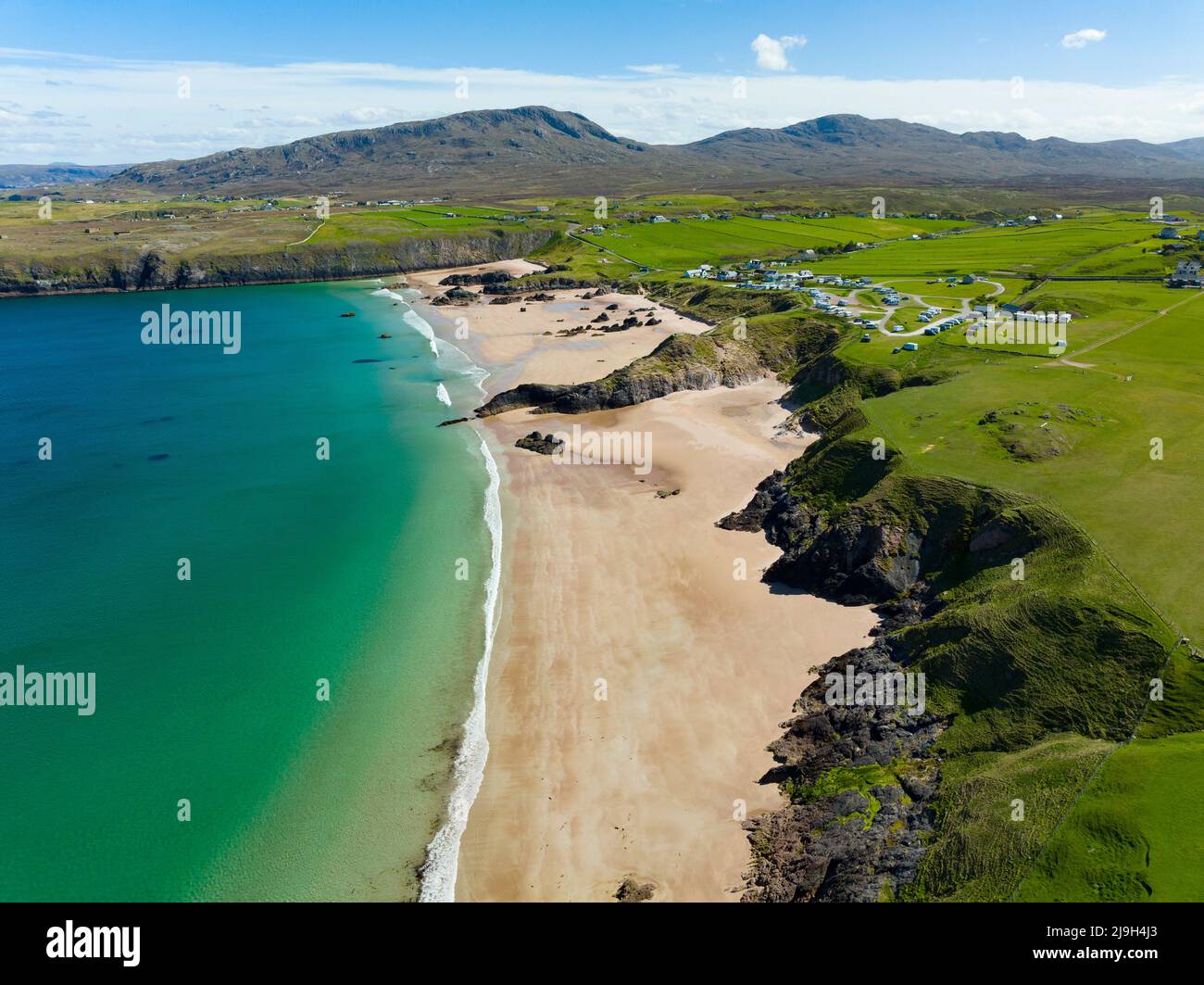 Aerial view from drone of beach at Sango Bay in Durness on North Coast ...