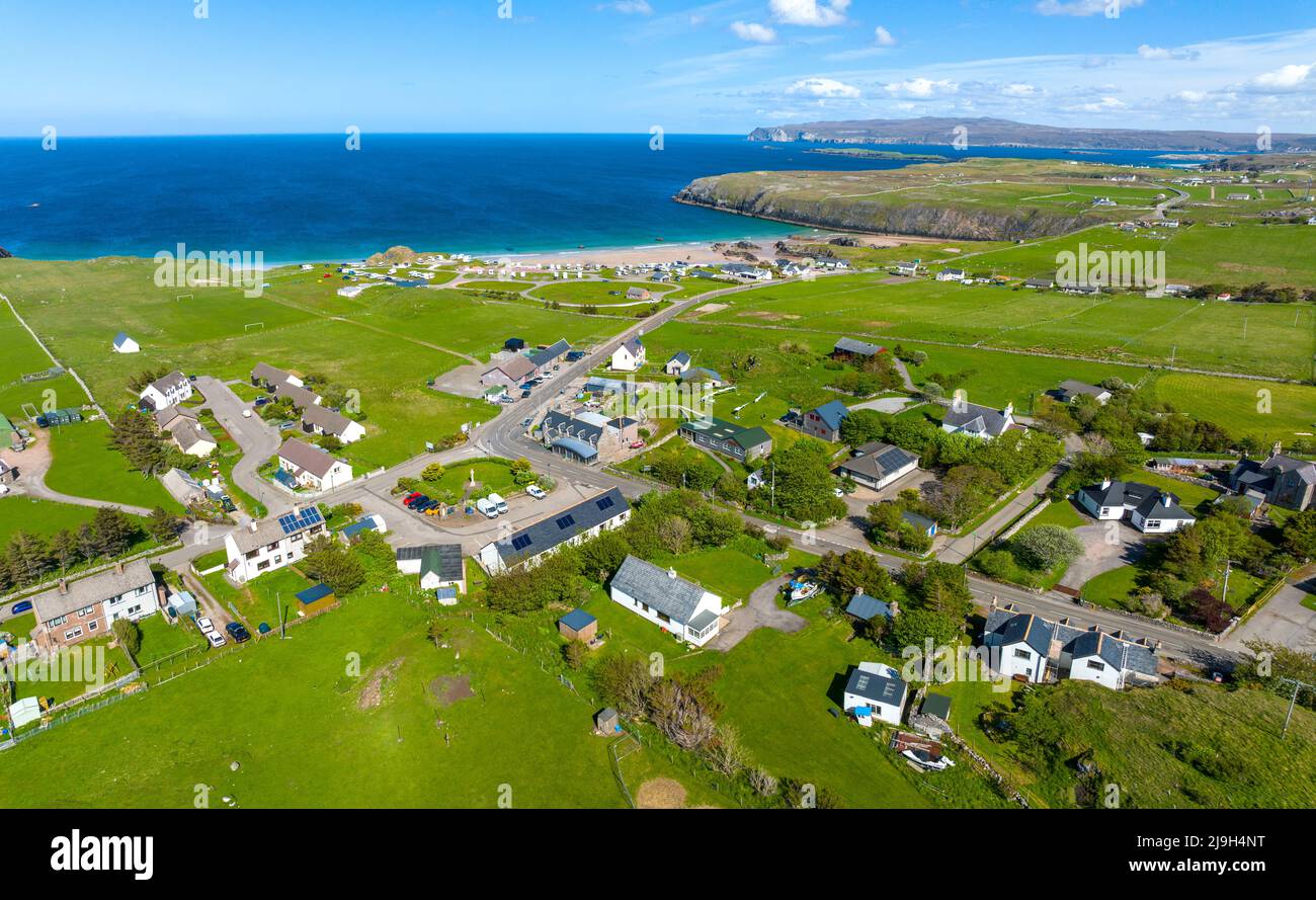 Aerial view from drone of village of Durness on North Coast 500 route ...