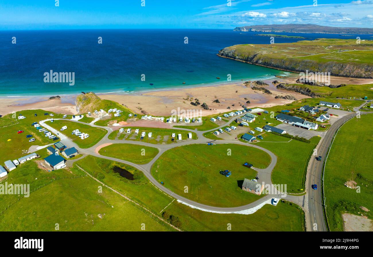 Aerial view of Sango Sands Oasis caravan and camping site in Durness on ...