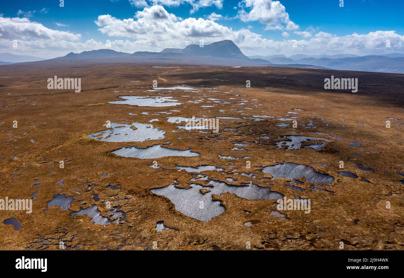 Aerial view of Flow country blanket bog in A' Mhòine (Moine) peninsula ...