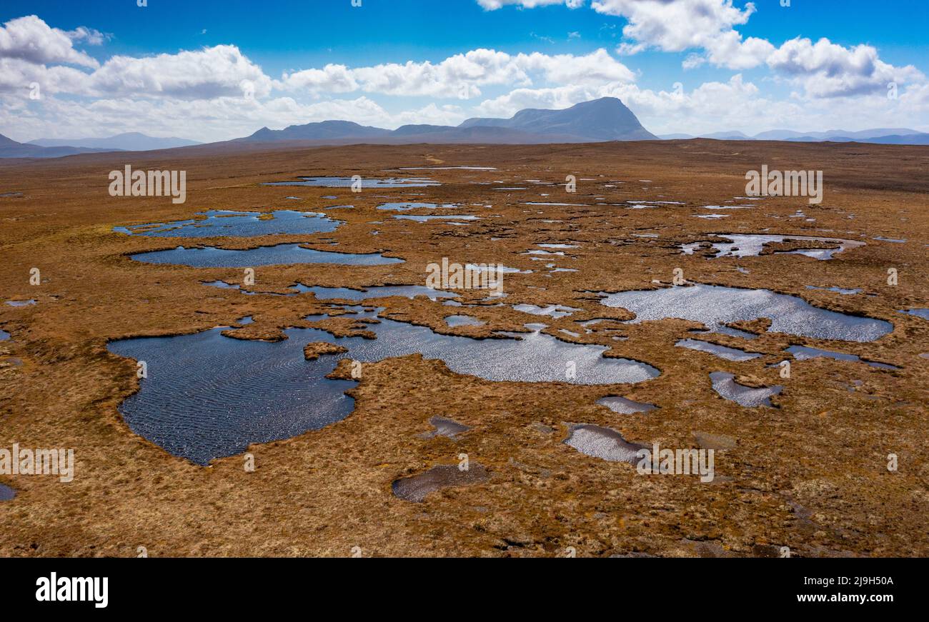 Aerial view of Flow country blanket bog in A' Mhòine (Moine) peninsula ...