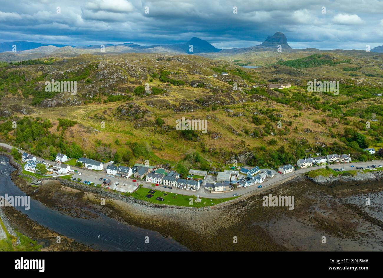 Aerial view from drone of village of Lochinver on North Coast 500 route ...