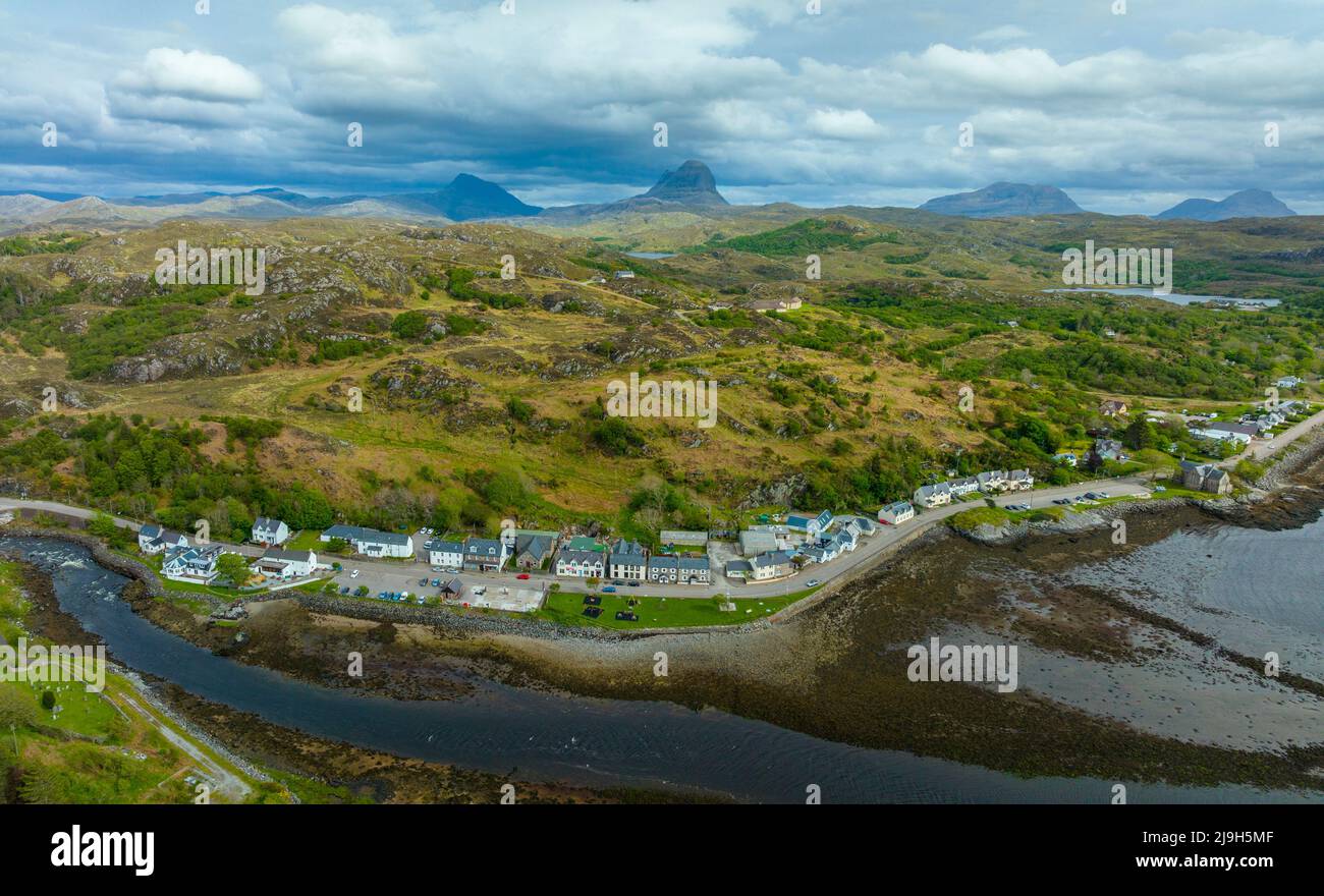 Aerial view from drone of village of Lochinver on North Coast 500 route ...