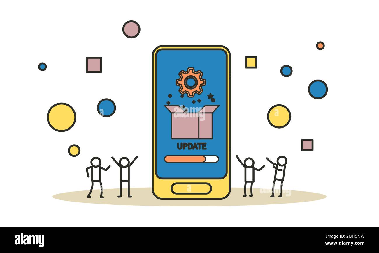 App installation and update by man and woman via phone. People and ...