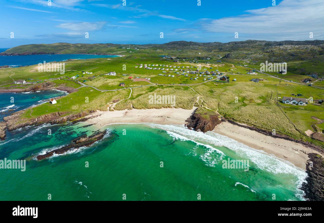 Aerial view from drone of beach at Clachtoll in Assynt, Sutherland ...