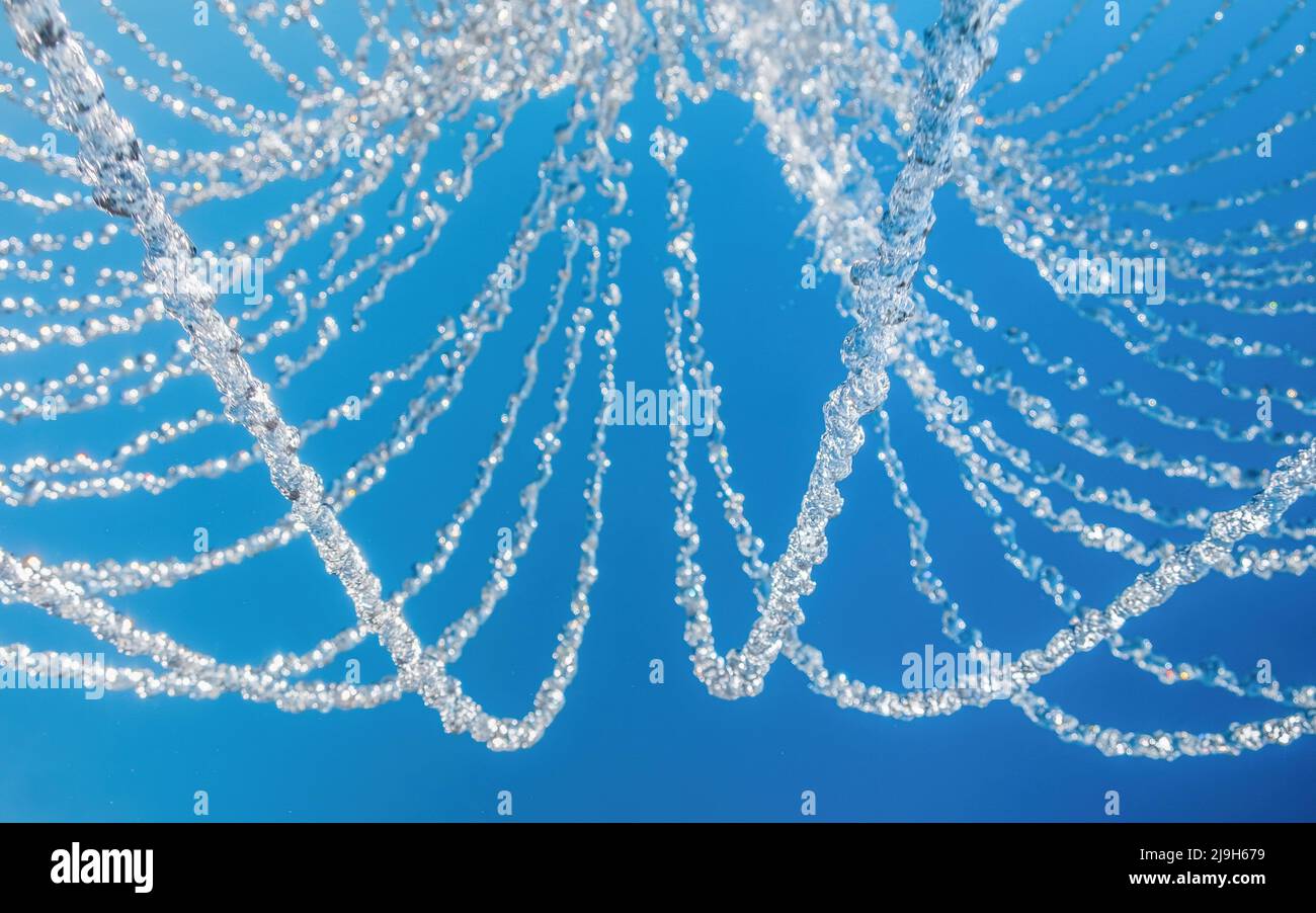Water jets on a blue background. Frozen Moment Stock Photo - Alamy