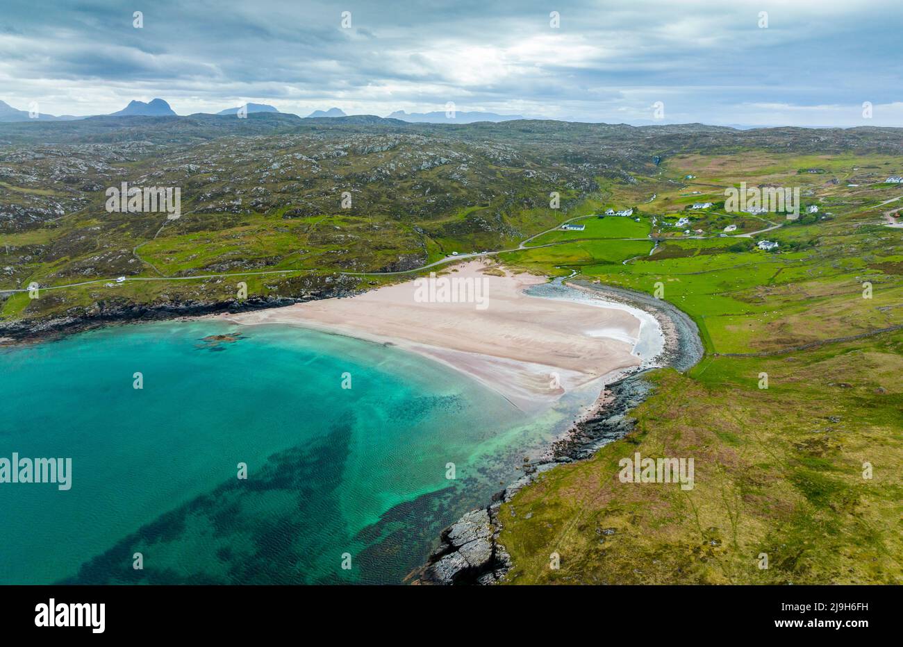 Aerial view from drone of beach at Clashnessie in Assynt, Sutherland ...