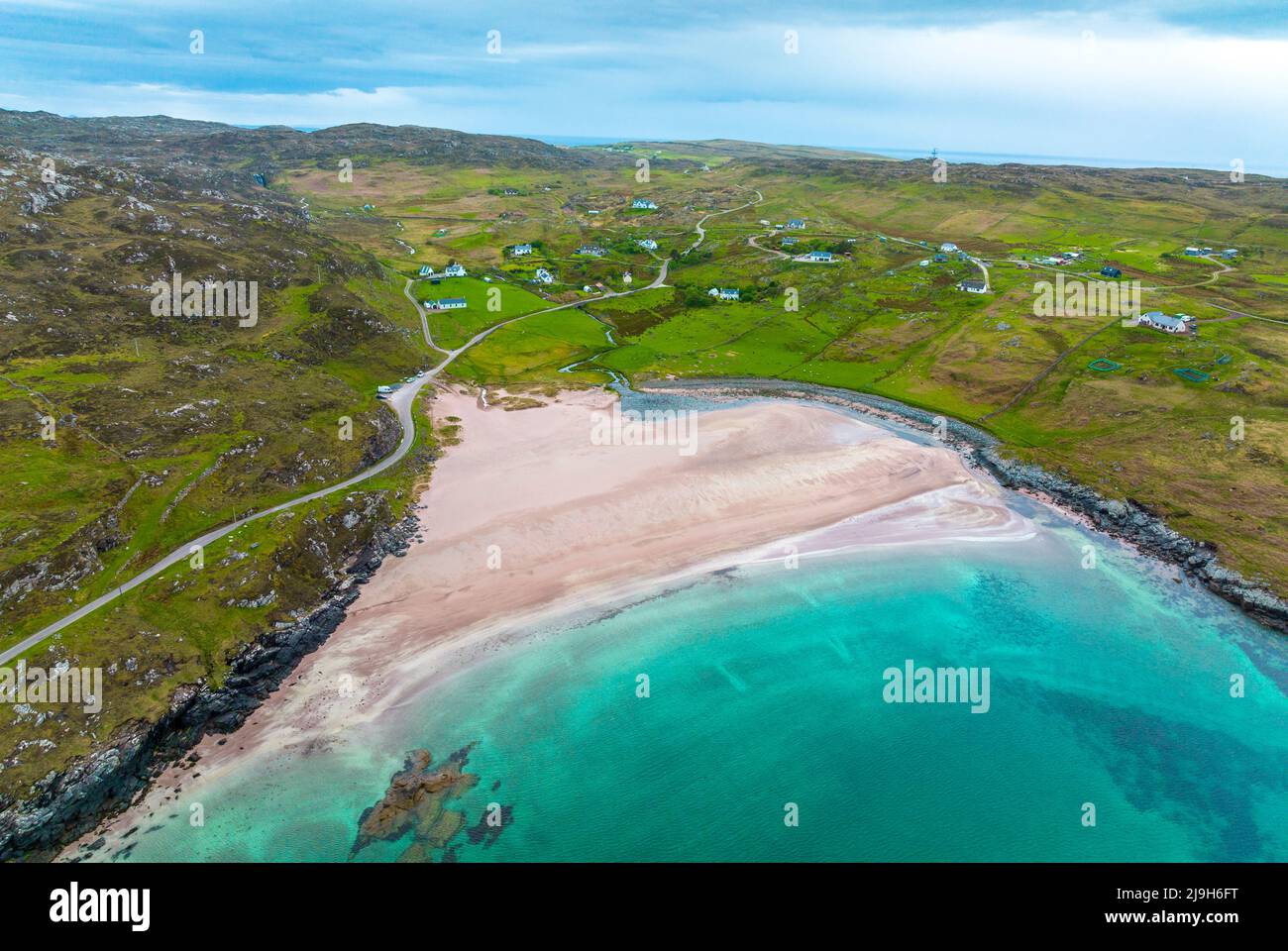 Aerial view from drone of beach at Clashnessie in Assynt, Sutherland ...