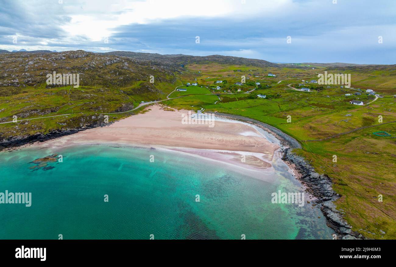 Aerial view from drone of beach at Clashnessie in Assynt, Sutherland ...