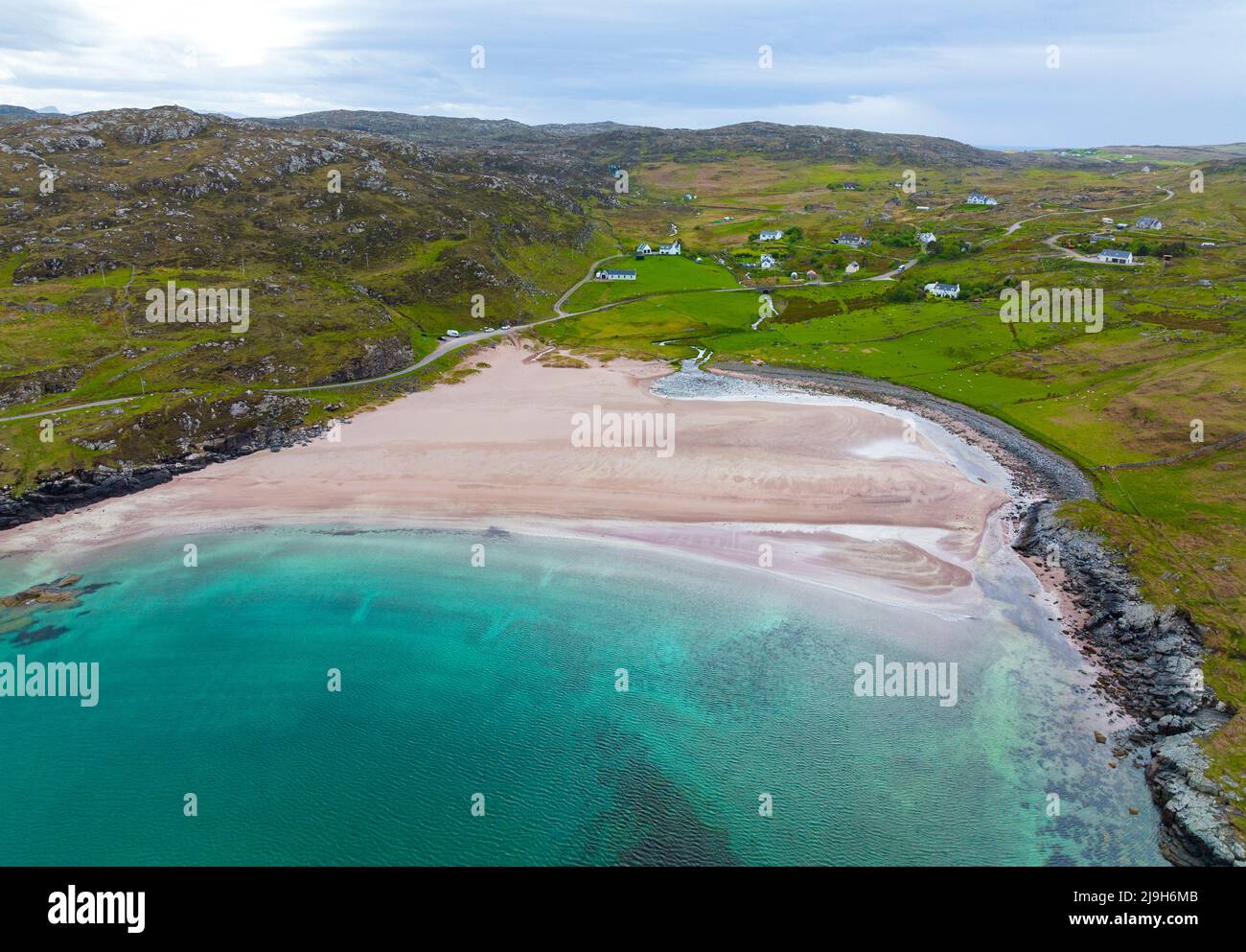Aerial view from drone of beach at Clashnessie in Assynt, Sutherland ...