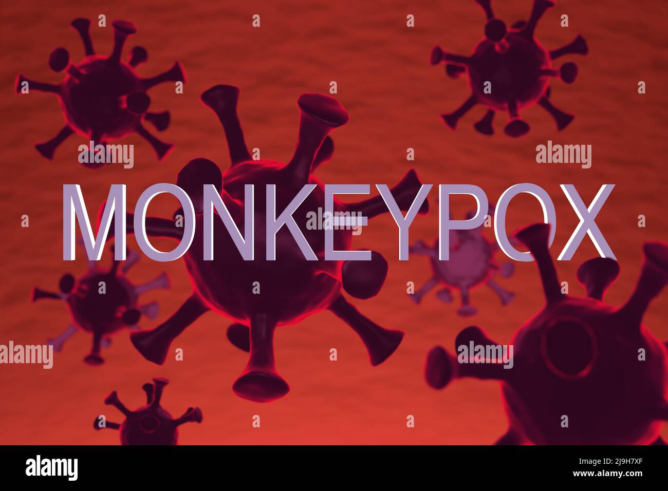 Monkeypox. Virus molecule close-up and the word on a red background. 3D ...