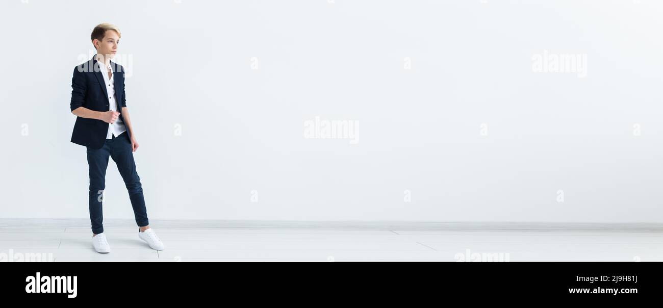 Puberty concept - Teenage boy portrait on white background with copy ...