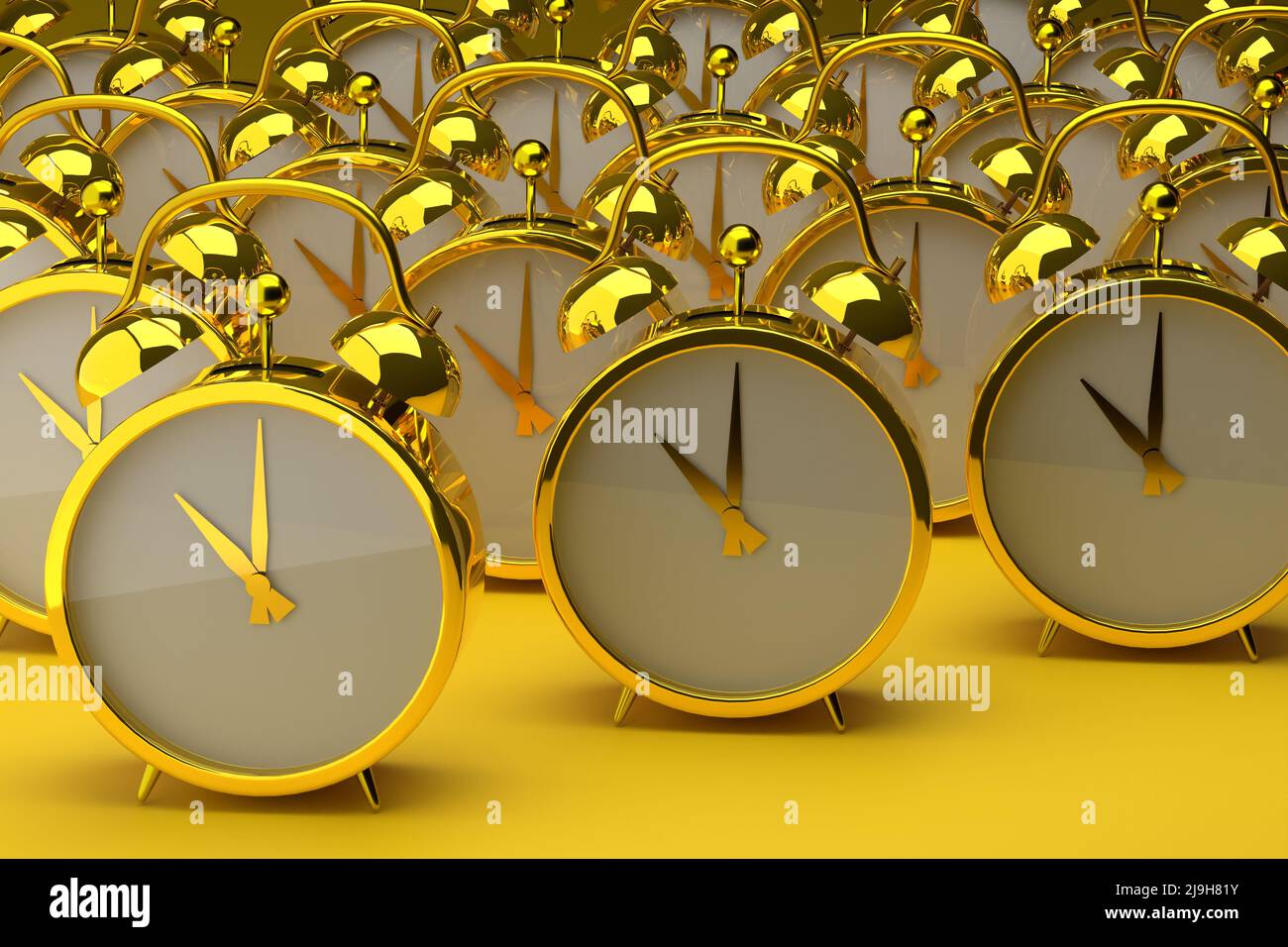 Many golden alarm clocks on a yellow background. Time management, deadline concept. 3D render ...