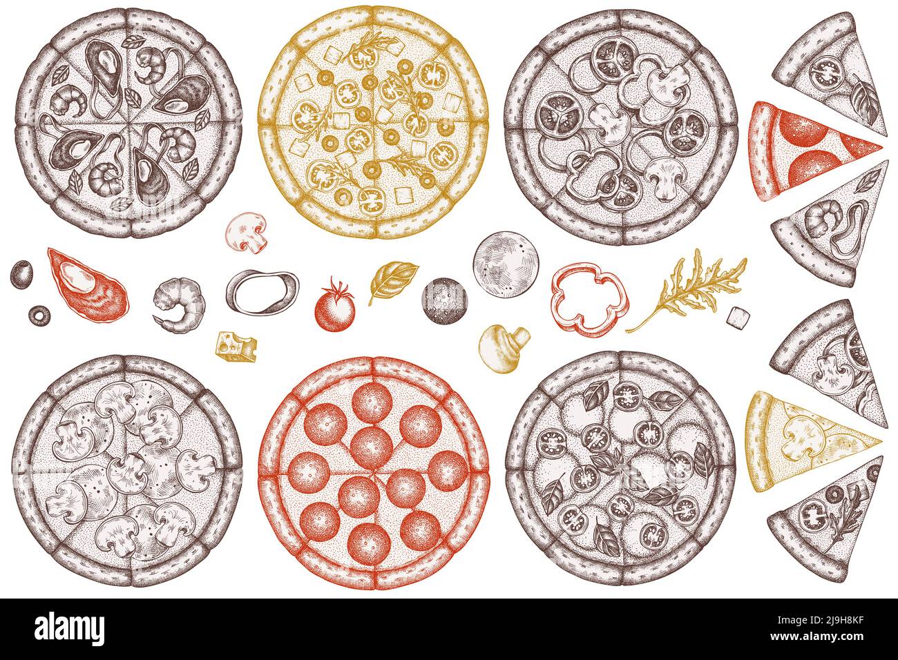 Pizza hand drawn vector illustrations collection. Stylized greek ...