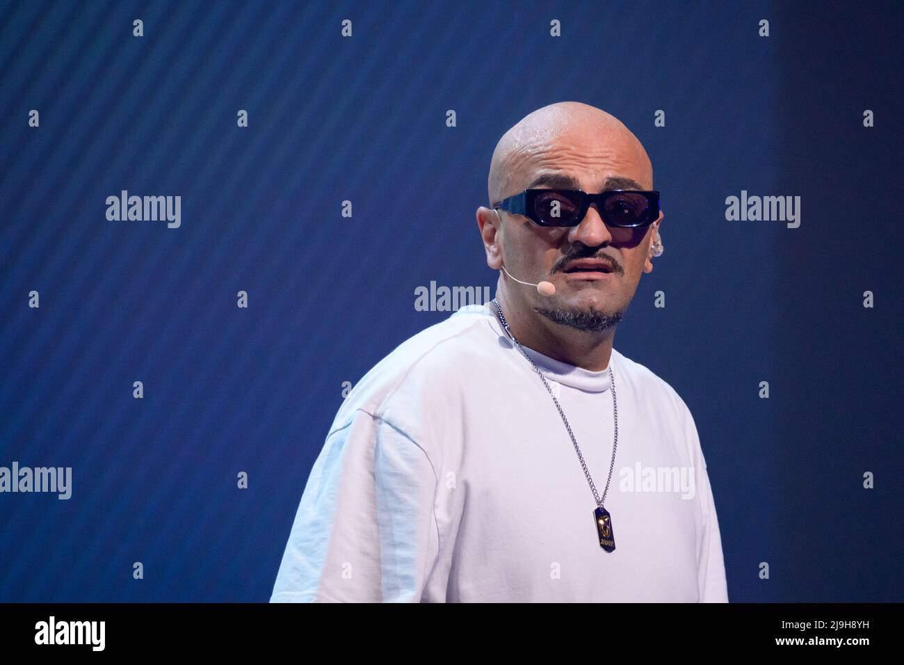 Hamburg, Germany. 18th May, 2022. Rapper Xatar speaks on stage during ...