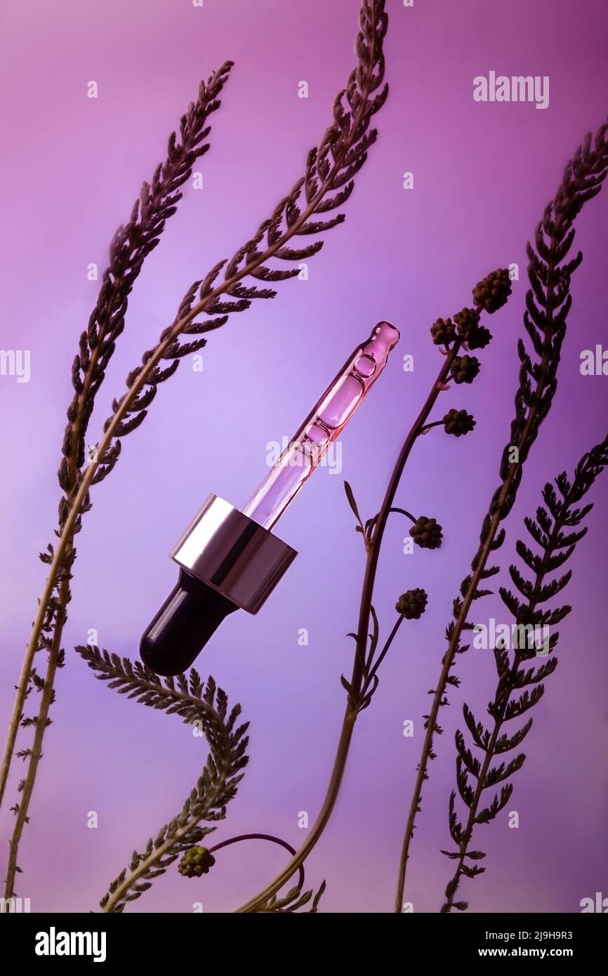 Purple levitating pipette with oil or serum in trendy colors. The ...