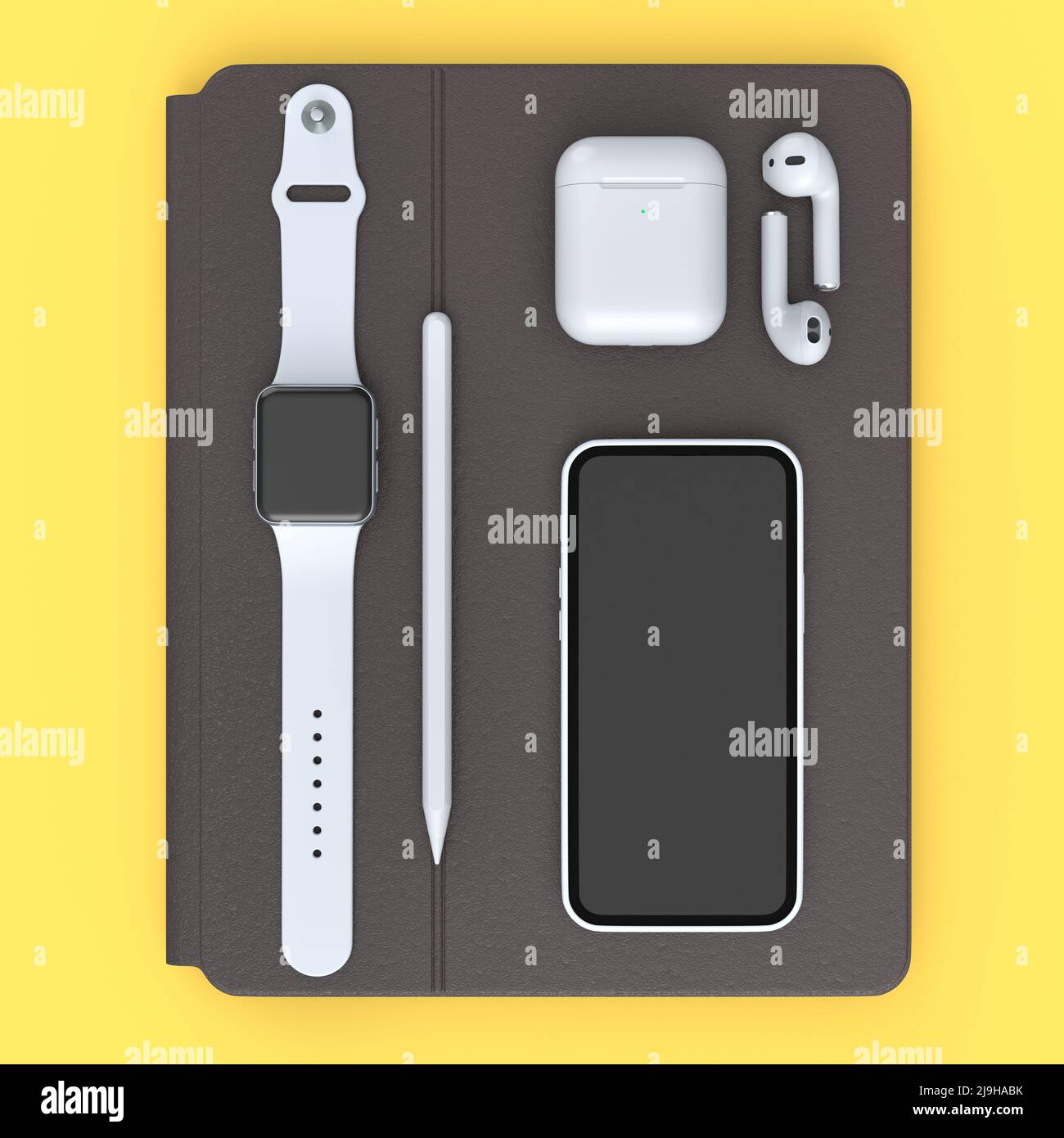 Top view of computer tablet with stylus, smart watch, phone and ...