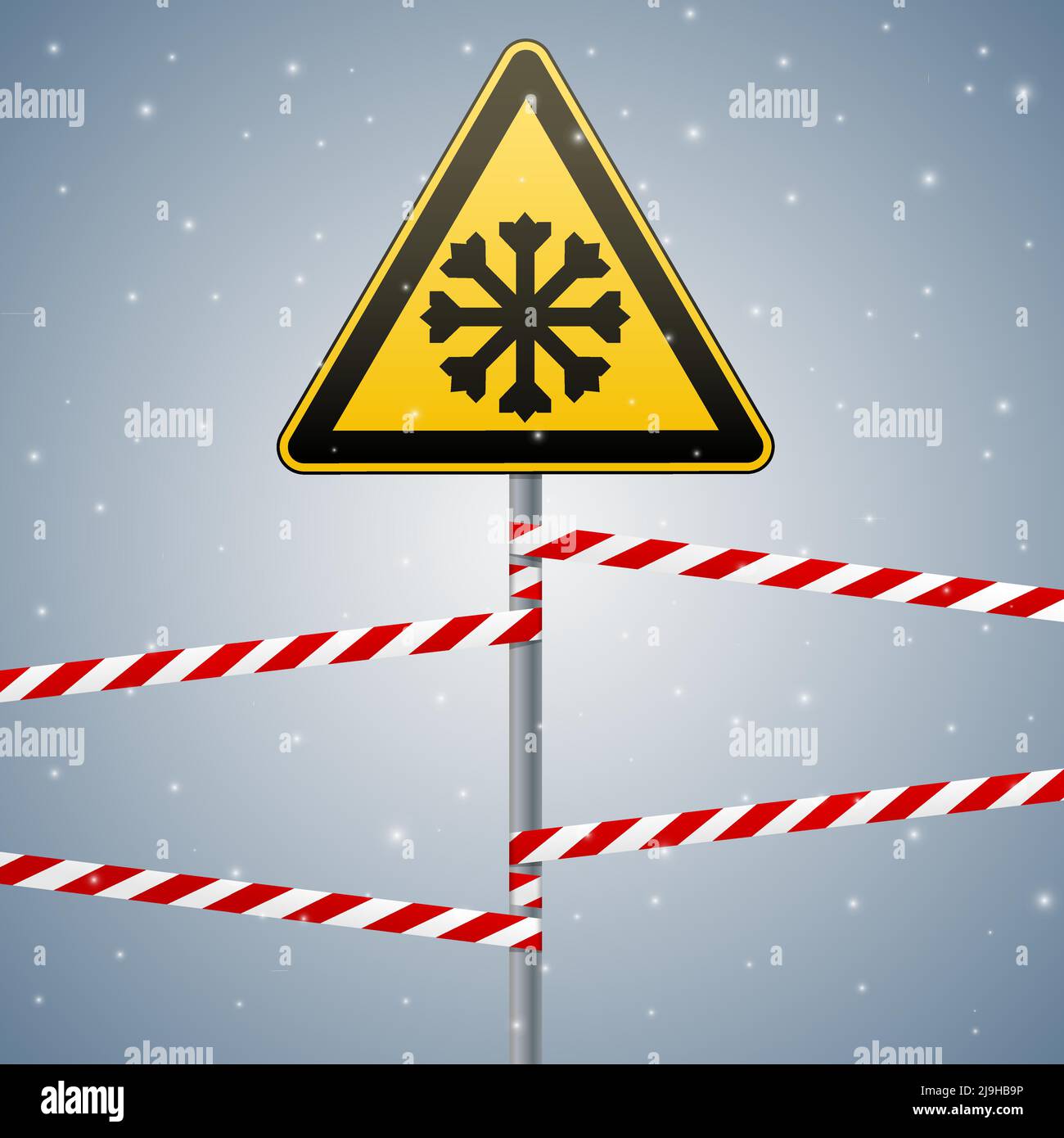 Carefully cold. Warning sign safety. pillar with sign and warning bands ...