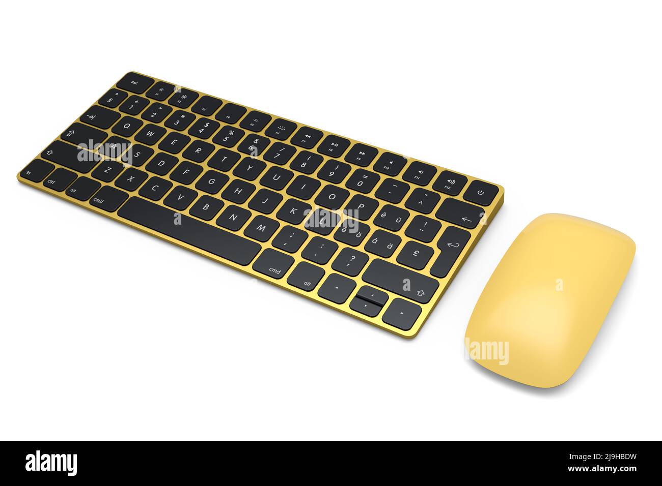 Modern gold aluminum computer keyboard and mouse isolated on white ...