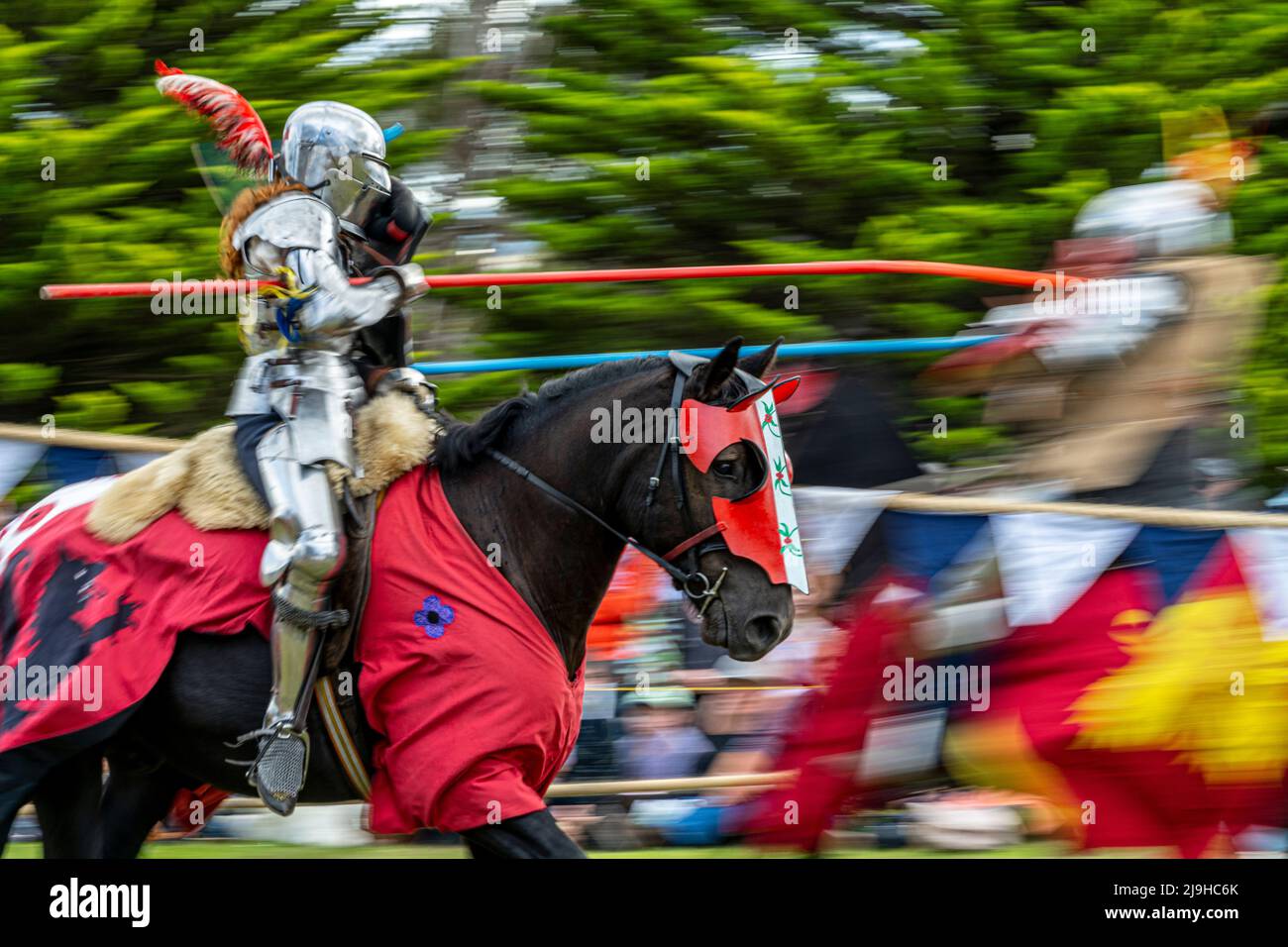 Knights on horseback during jousting tournament demonstration at Glen ...
