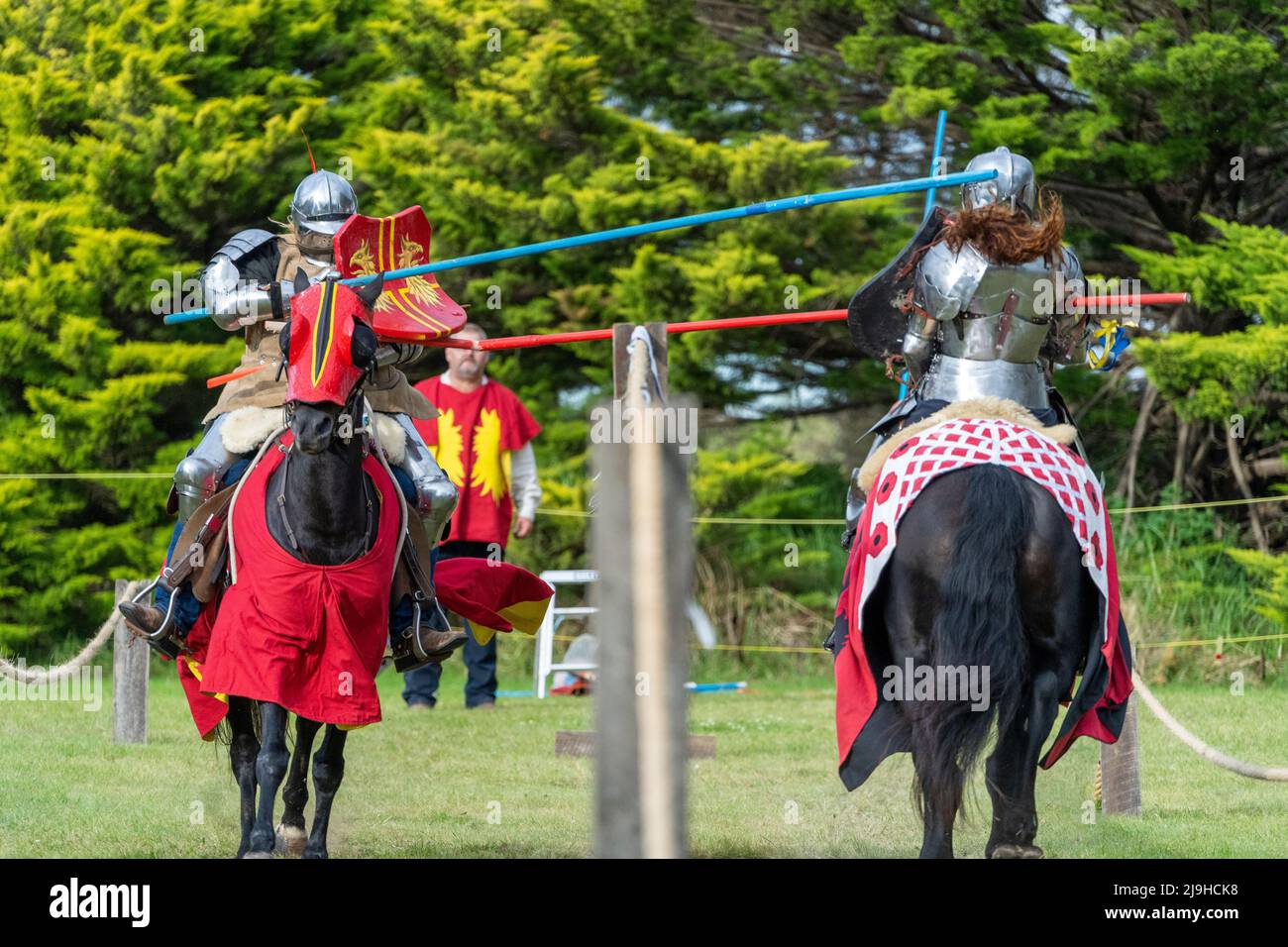 Knights on horseback during jousting tournament demonstration at Glen ...