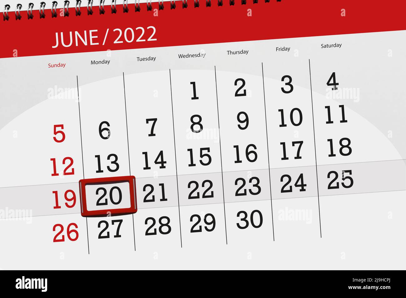 Calendar planner for the month june 2022, deadline day, 20, monday ...