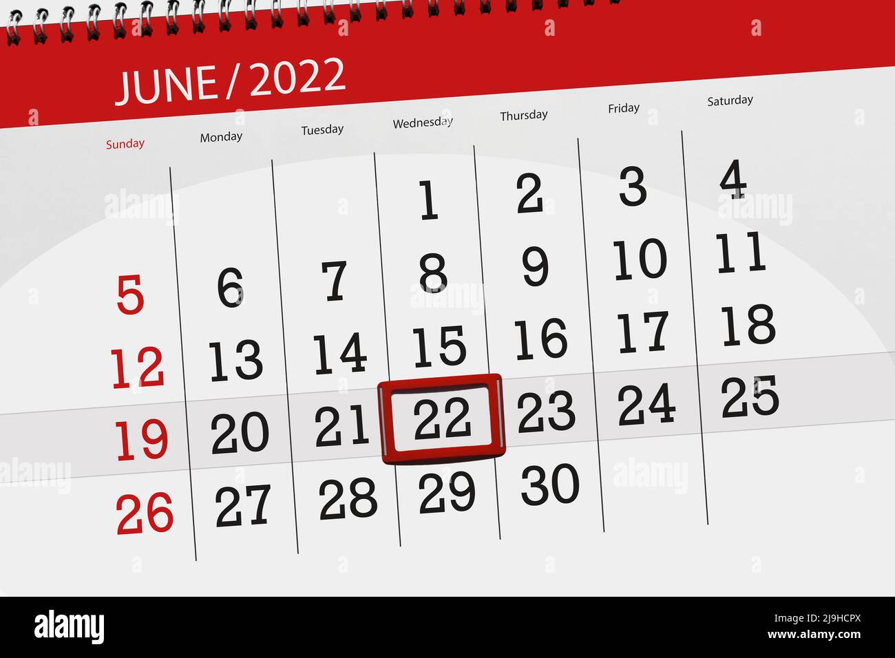 Calendar planner for the month june 2022, deadline day, 22, wednesday ...